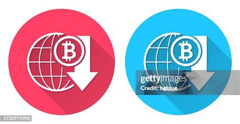 Bitcoin Rate Decrease Round Icon With Long Shadow On Red Or Blue