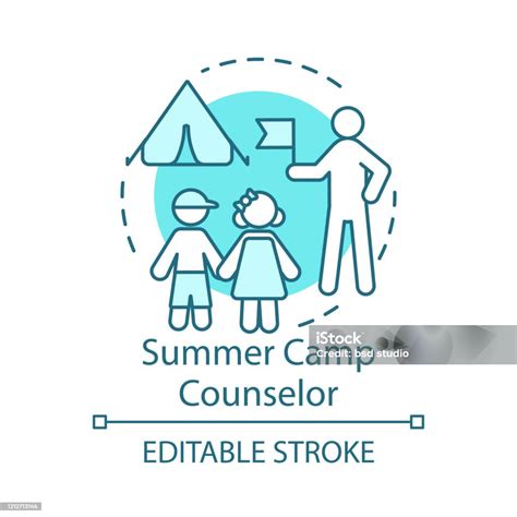 여름 캠프 카운슬러 컨셉 아이콘입니다 계절의 직업 아이디어 얇은 라인 일러스트 육아 노동자 직원 야영자 감독 아르바이트 벡터 절연 윤곽선 도면 편집 가능한 스트로크 강사에