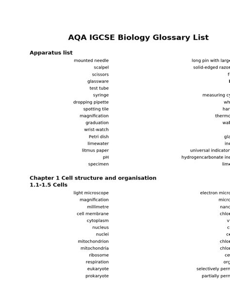 Aqa Igcse Biology Glossary List Pdf Digestion Heart