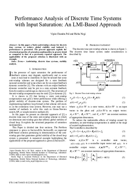 Pdf Performance Analysis Of Discrete Time Systems With Input Saturation An Lmi Based Approach