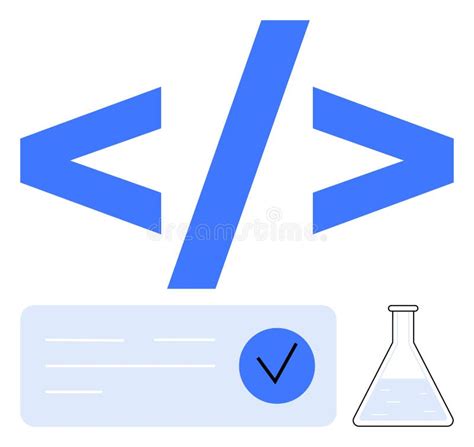 Html Code Symbol With Verified Checkmark And Laboratory Flask For Development And Testing Stock