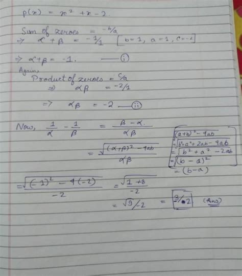 If α And β Are The Zeroes Of A Quadratic Polynomial X2 X 2 Then Find The Value Of 1 α 1 β