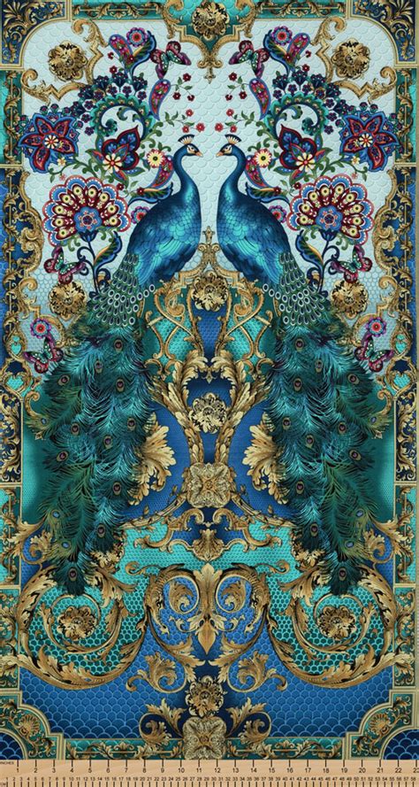 Timeless Treasures Hyde Park Peacock Cotton Fabric Panel Chong A Hwang
