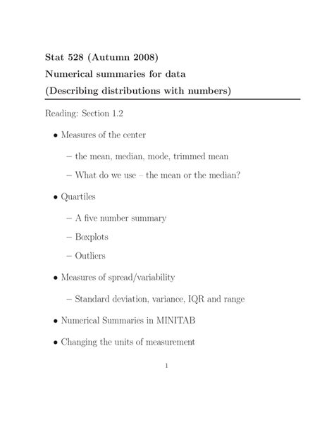Numerical Summaries For Data Measuring The Center And Spread Study