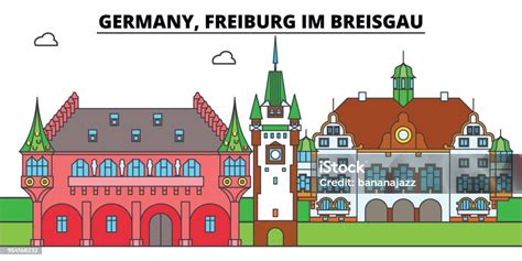 독일 프라이부르크입니다 도시 스카이 라인 건축 건물 거리 실루엣 풍경 파노라마 랜드마크 평면 디자인 라인 벡터 일러스트 레이 션 개념입니다 격리 된 아이콘 일러스트레이션에