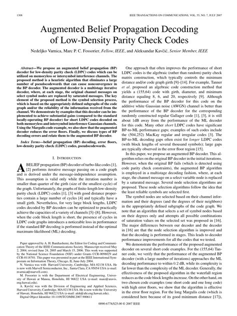 Pdf Augmented Belief Propagation Decoding Of Low Density Parity Check Codes
