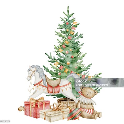 아기 장난감과 선물 상자 수채화 그림과 함께 크리스마스 트리 전나무 상록 나무의 그림 흔들 말 테디 베어 및 유치장 인사말 카드 또는 어린이 초대장에 대 한 선물 0명에