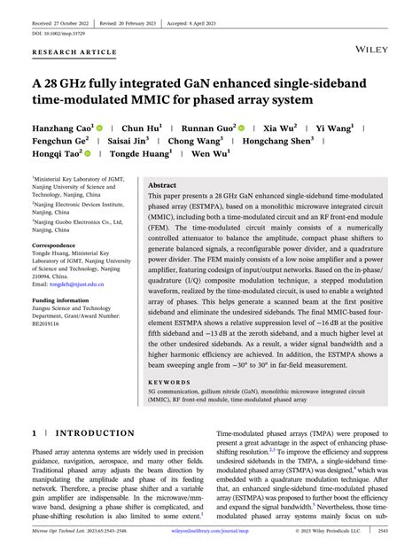 A 28 Ghz Fully Integrated Gan Enhanced Single‐sideband Time‐modulated Mmic For Phased Array