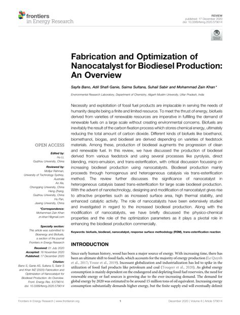 Pdf Fabrication And Optimization Of Nanocatalyst For Biodiesel Production An Overview