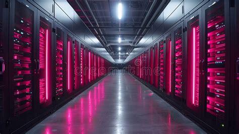 Modern Data Center With Rows Of Servers Illuminated By Pink Lighting