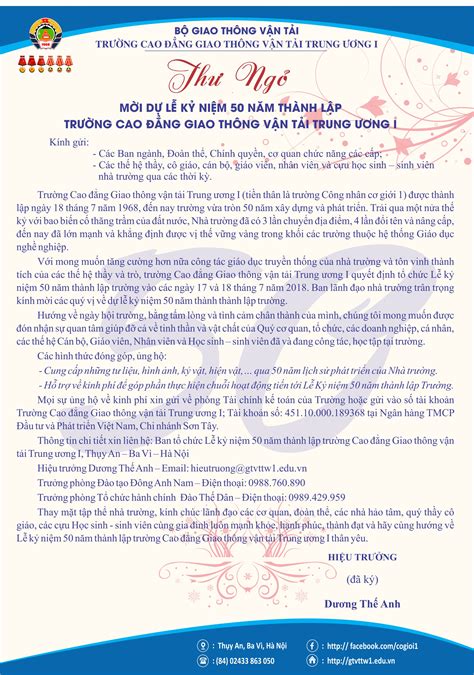 Thư ngỏ Mời dự lễ kỷ niệm 50 năm thành lập trường