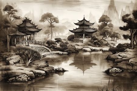 水墨中式园林建筑插画图片下载 正版图片600120995 摄图网