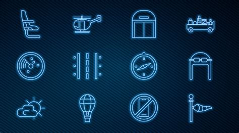 세트 라인 콘 기상학 윈드 삭 바람개비 고글이 달린 비행사 모자 항공기 격납고 공항 활주로 레이더 표적 모니터 비행기 좌석 나침반 및 헬리콥터 아이콘 벡터 공항에 대한 스톡