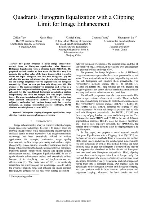 Pdf Quadrants Histogram Equalization With A Clipping Limit For Image