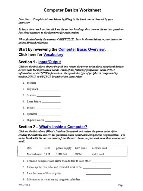 Computer Basics Worksheet Download Free Pdf Computer Data