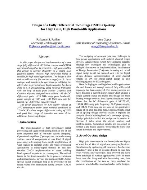 Pdf Design Of A Fully Differential Two Stage Cmos Op Amp For
