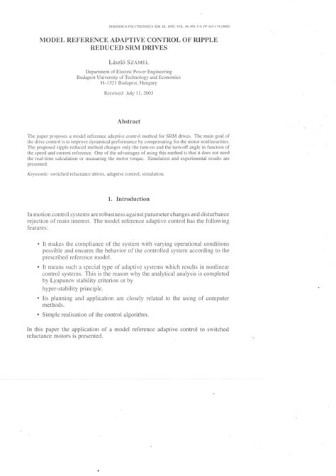 Pdf Model Reference Adaptive Control Of Ripple Reduced Srm Drives