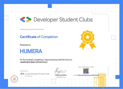 Humera Shaikh On Linkedin Devtown Certification Javascript Reactjs Continuouslearning