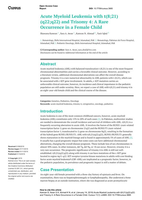 pdf acute myeloid leukemia with t 8 21 q22 q22 and trisomy 4 a