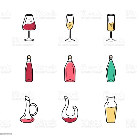 와이너리 유리 제품 아이콘 세트입니다 와인의 다른 종류 디켄터 병 안경 식전음료 칵테일 주류 파티 바 레스토랑 식기 격리된 벡터 일러스트레이션 디캔터에 대한 스톡 벡터 아트