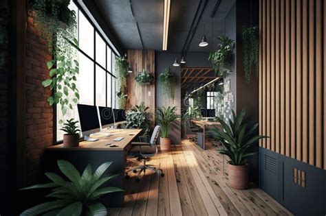 Office Interior Design With Wall Plants Wood Industrial Generative AI Stock Illustration