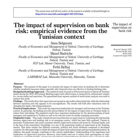The Impact Of Supervision On Bank Risk Empirical Evidence From The Tunisian Context Pdf Docdroid