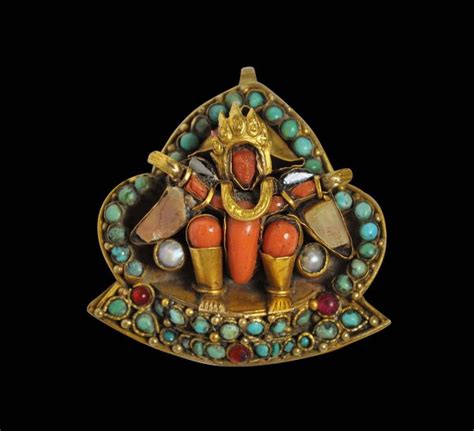 Gilded Silver Garuda Pendant Set With Turquoise Coral And Other Stones