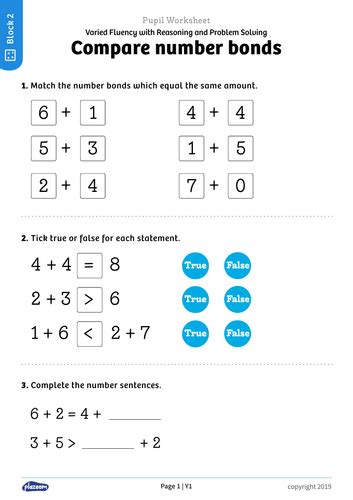 Y1 Autumn Term Block 2 Compare Number Bonds Maths Worksheets Teaching Resources