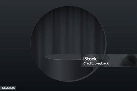 3d 럭셔리 블랙 포디움과 블랙 커튼이 쇼케이스 스튜디오 룸 벡터 일러스트레이션의 둥근 창에 있다 벽에 그림자가 있는 원형 틈새 시장에서 제품 프레젠테이션을 위한 현실적인