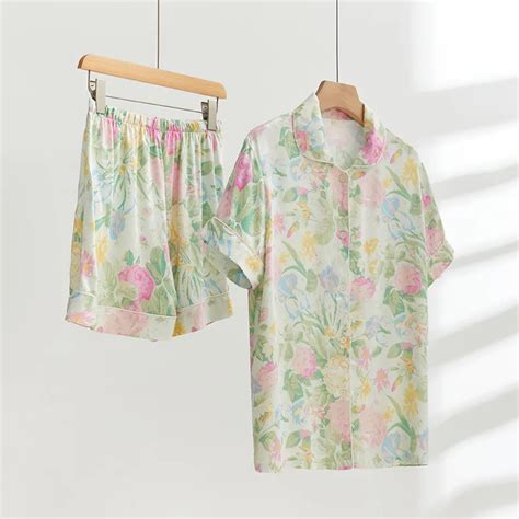 여성용 꽃무늬 프린트 반바지 잠옷 세트 면 반팔 바닐라 민트 고급 홈웨어 수트 봄 및 여름 Aliexpress