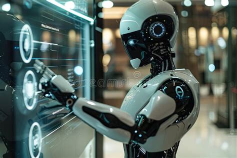 A Humanoid Robot Interacts With A Touchscreen Interface Displaying Ai Functions In A Modern
