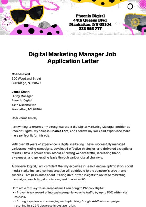 Free Digital Marketing Manager Job Application Letter Template To Edit Online