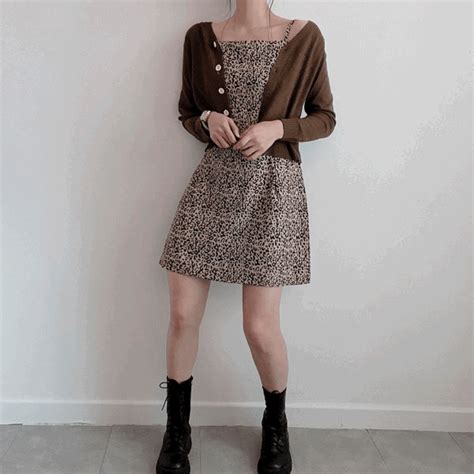 호피and체크 Set 크롭 브이 니트가디건 민소매 미니 원피스 투피스