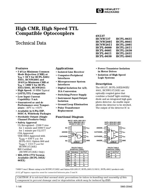 Hcpl 2611 Datasheet High Speed Ttl Compatible Optocouplers Hp