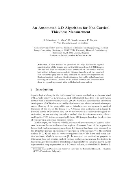 Pdf An Automated 3d Algorithm For Neo Cortical Thickness Measurement