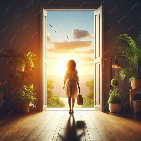 A Girl Is Walking Into A Room With A Sunset In The Background Premium Ai Generated Image