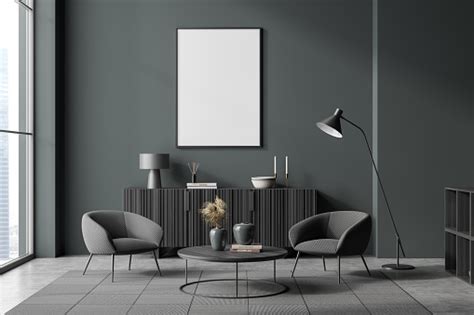 시트와 컴모드 창문 및 모형 포스터가 있는 회색 휴식 공간 인테리어 0명에 대한 스톡 사진 및 기타 이미지 0명 3차원 형태 가구 Istock