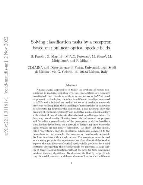 Pdf Solving Classification Tasks By A Receptron Based On Nonlinear Optical Speckle Fields