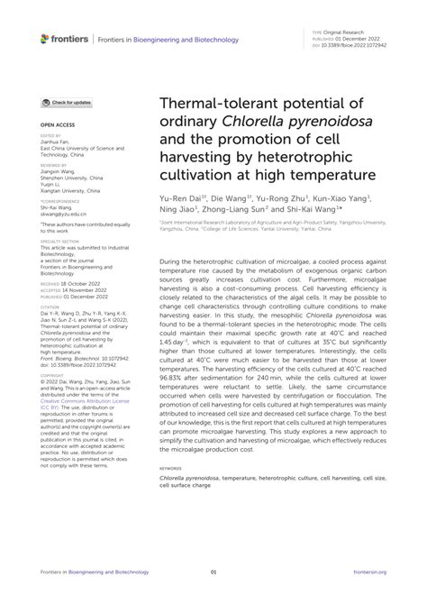 PDF Thermal Tolerant Potential Of Ordinary Chlorella Pyrenoidosa And The Promotion Of Cell