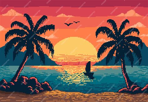 8 bit pixel art sunset beach landscape indie pixel game tropical nature