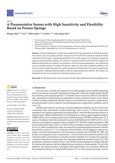 Pdf A Piezoresistive Sensor With High Sensitivity And Flexibility Based On Porous Sponge