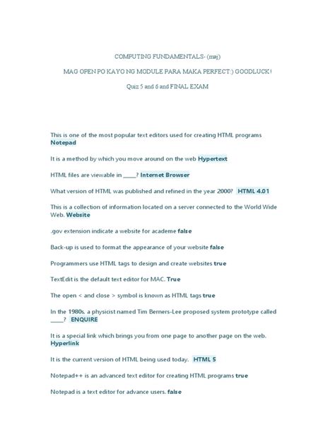 Computing Fundamentals Quiz 5 Final Download Free Pdf Html