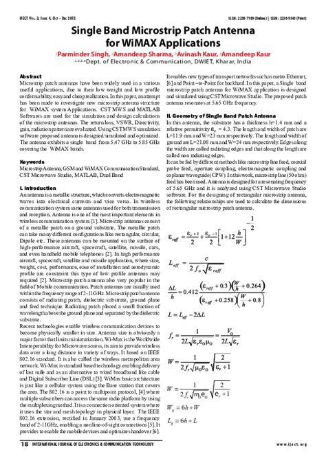 Pdf Single Band Microstrip Patch Antenna For Wimax Applications
