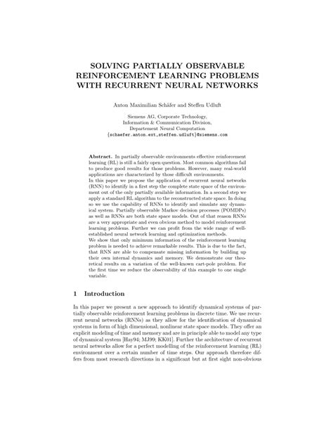 Pdf Solving Partially Observable Reinforcement Learning Problems With Recurrent Neural Networks