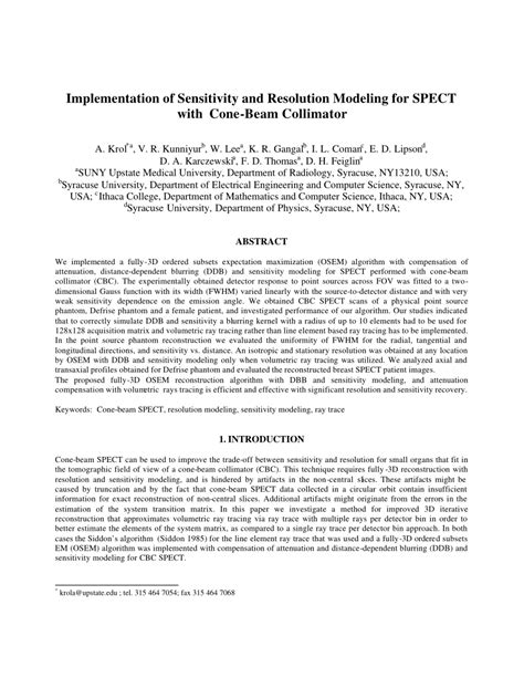 Pdf Implementation Of Sensitivity And Resolution Modeling For Spect With Cone Beam Collimator