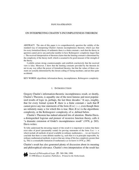 Pdf On Interpreting Chaitins Incompleteness Theorem