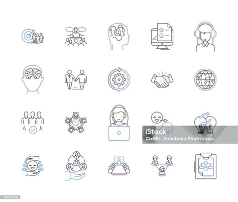 관리 및 사업 개요 아이콘 모음입니다 관리 비즈니스 전략 계획 조직 리더십 팀워크 벡터 및 일러스트레이션 개념 세트 관리 마케팅 물류 선형 표지판 개선에 대한 스톡 벡터