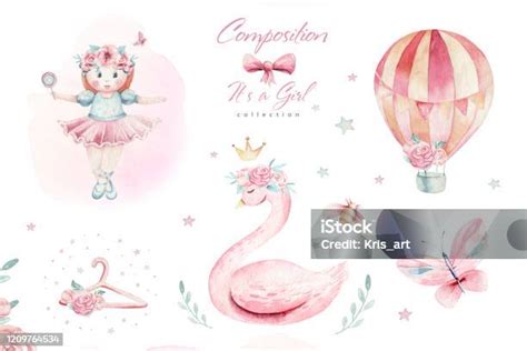 아기 샤워 아이 백조 수채화 소녀 디자인 만화 요소입니다 베이비 핑크 생일 풍선 장난감 드레스 일러스트 세트 신생아 파티 세트 초대 곰에 대한 스톡 벡터 아트 및 기타