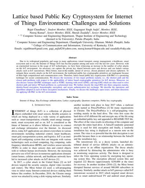 Pdf Lattice Based Public Key Cryptosystem For Internet Of Things