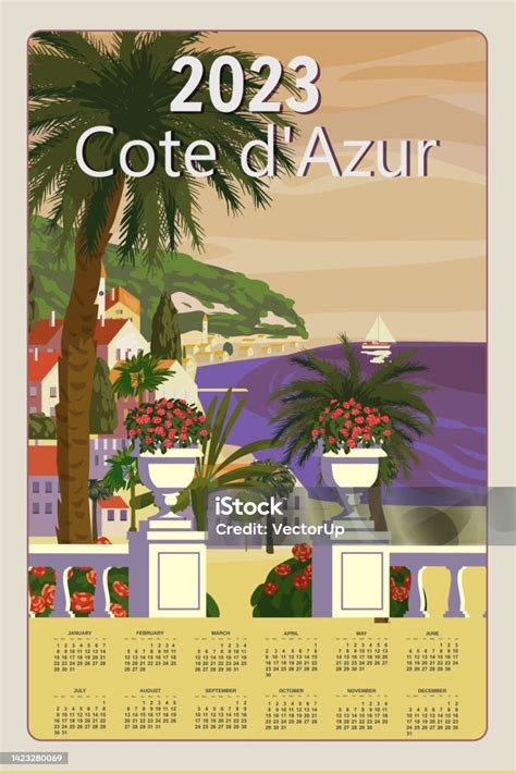 달력 니스 프랑스 리비에라 해안 2023 포스터 빈티지 지중해 리조트 해안 바다 야자수 해변 레트로 스타일 일러스트 벡터 니스에 대한 스톡 벡터 아트 및 기타 이미지